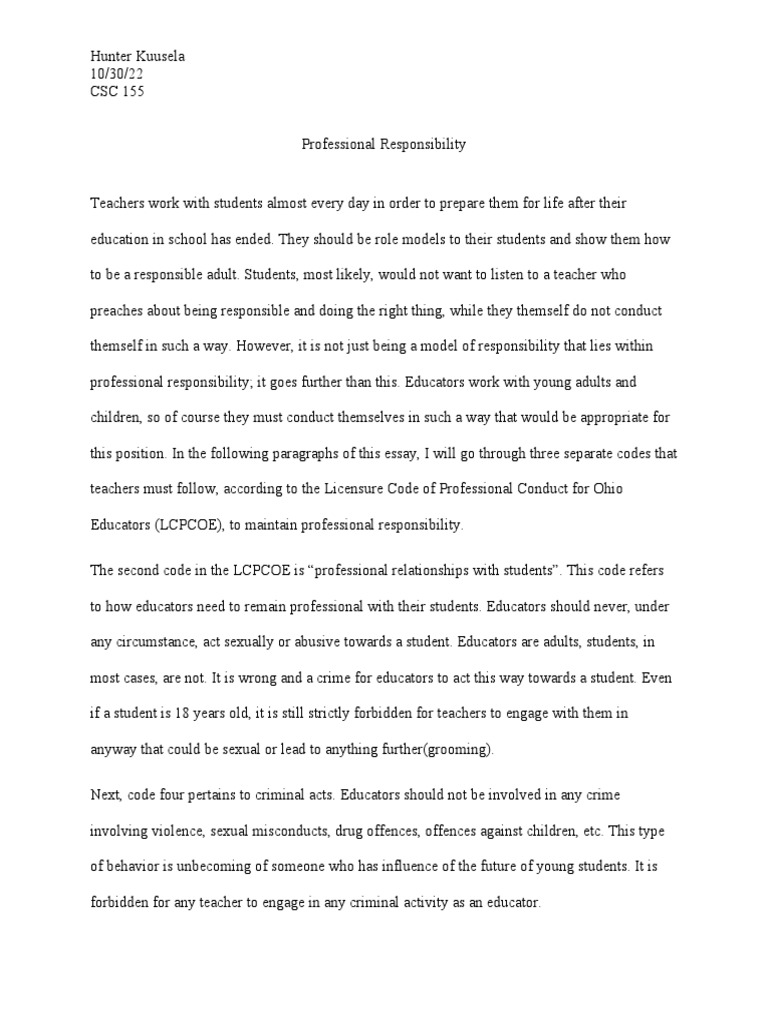 Professional Responsibility Essay | PDF | Teachers | Crimes