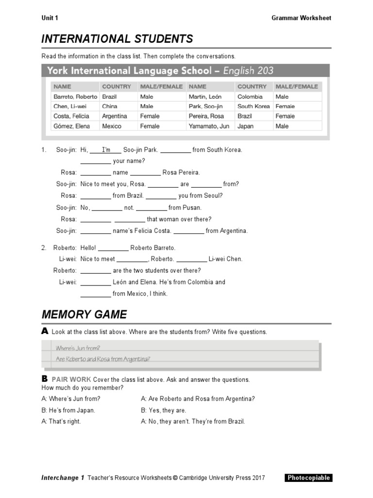 Interchange5thEd Level1 Unit01 Grammar Worksheet | PDF | Language Arts ...