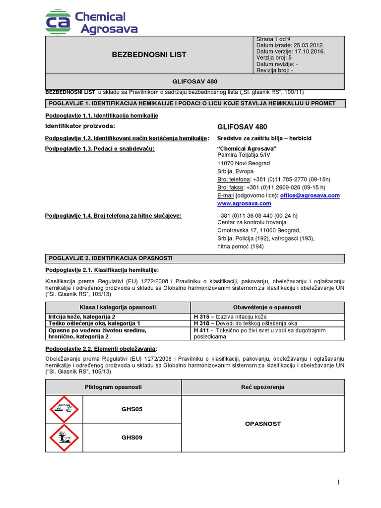 Total Herbicid - MSDS - GLIFOSAV 480 | PDF