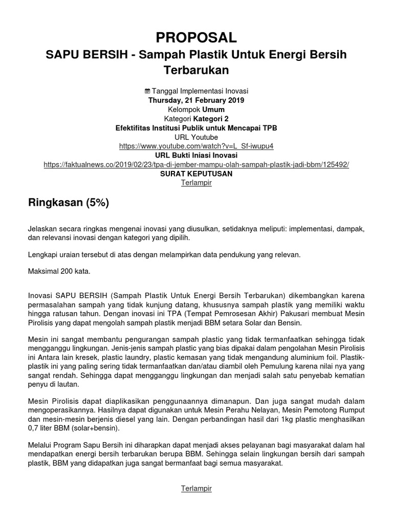 Contoh Proposal Inovasi SAPU BERSIH | PDF