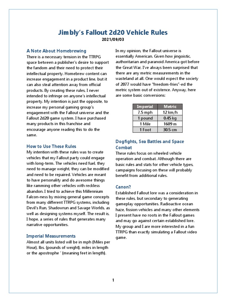 Jimbly's Fallout2d20 Vehicles Ver 1 | PDF | Fuels | Vehicles