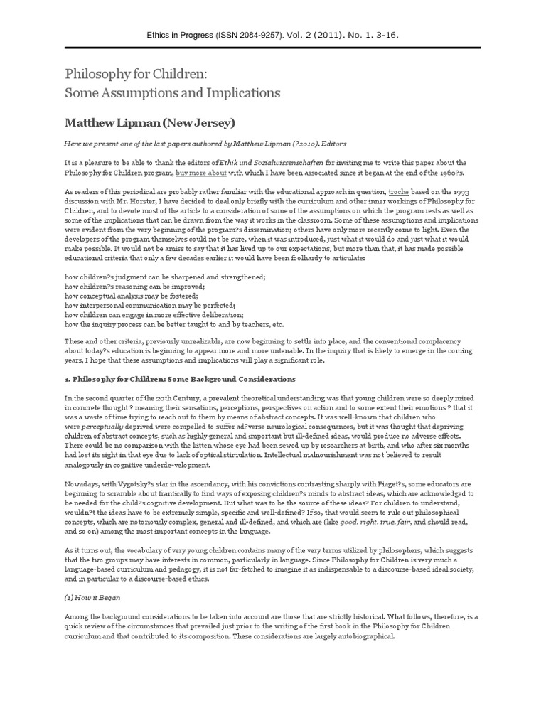 M. LIPMAN, Philosophy - For - Children - Some - Assumptions - and ...