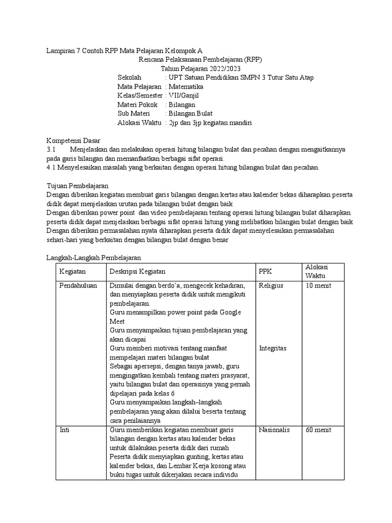 Lampiran 7 Contoh RPP & Silabus KKM Mata Pelajaran Kelompok A Mulok | PDF