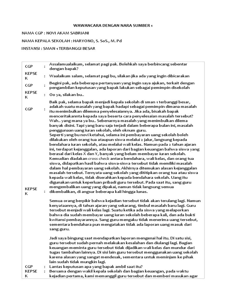 WAWANCARA DENGAN NARA SUMBER 1 Dan 2 | PDF