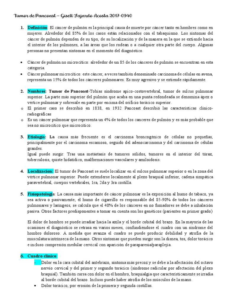 Tumor de Pancoast: diagnóstico y tratamiento | PDF | Cáncer de pulmón ...