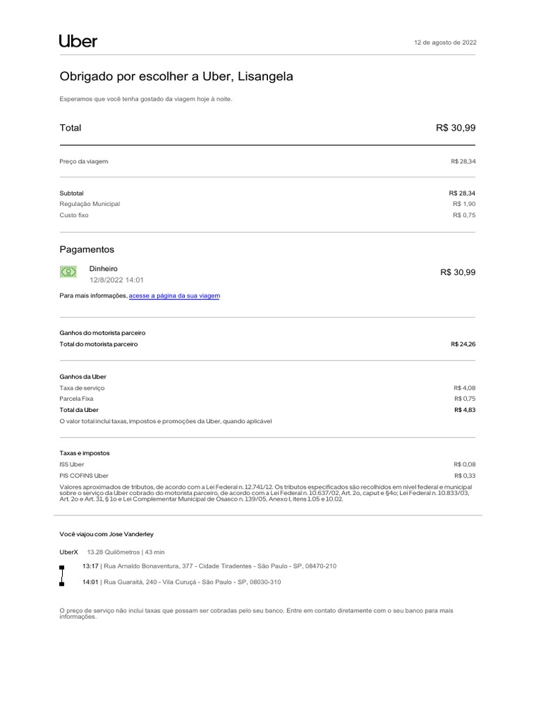 Resumo Da Viagem De Uber De 13 28 Km Em 43 Minutos Por R 30 99 Em 12
