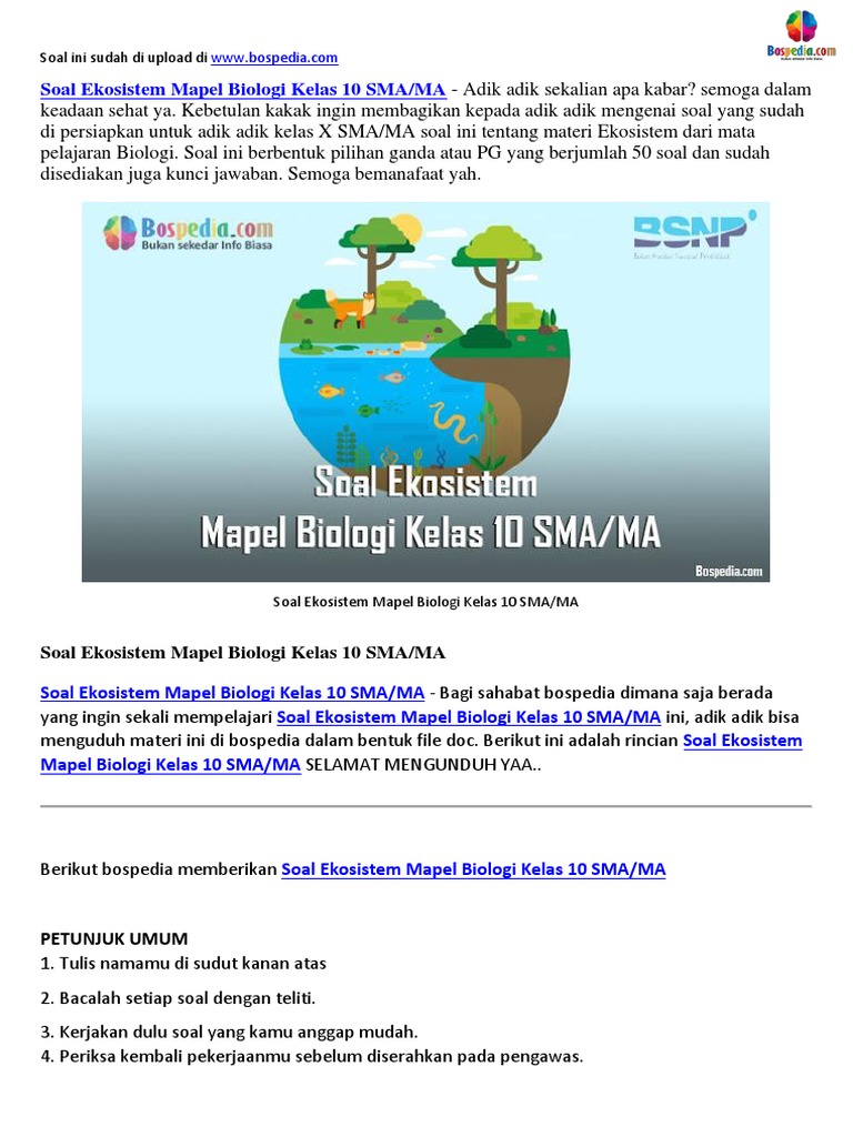 Soal Ekosistem Mapel Biologi Kelas 10 SMA | PDF