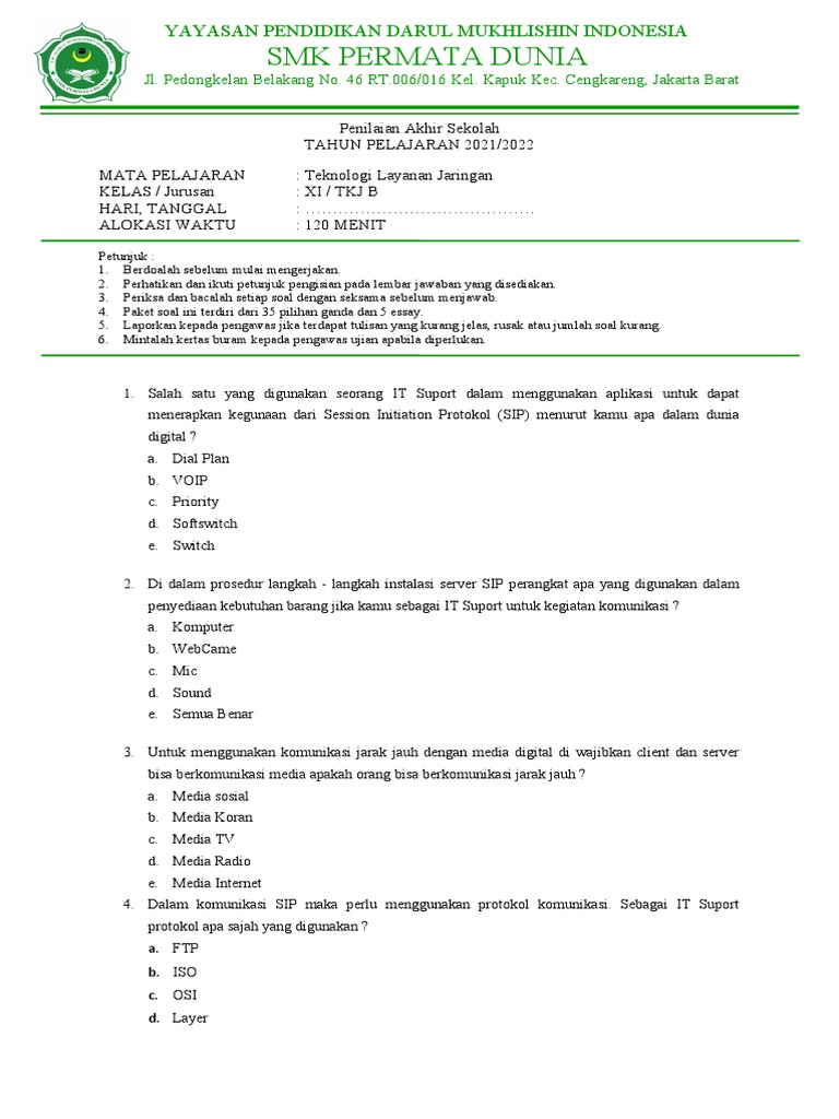 TKJ Naskah Soal PAS TLJ XI TKJ B | PDF