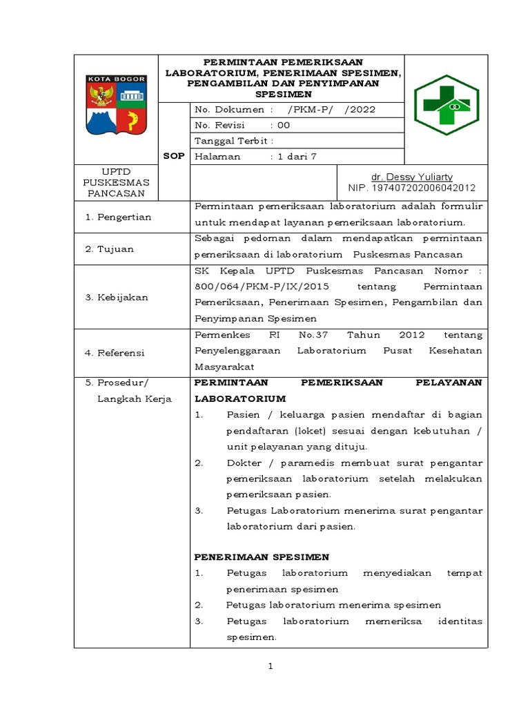 3.9.1.1 2022 Sop Permintaan Pemeriksaan Laboratorium, Penerimaan Spesimen, Pengambilan Dan ...