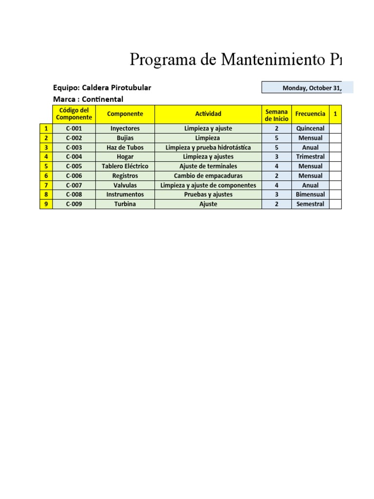 Programa de Mantenimiento Preventivo Semanal en Excel | PDF