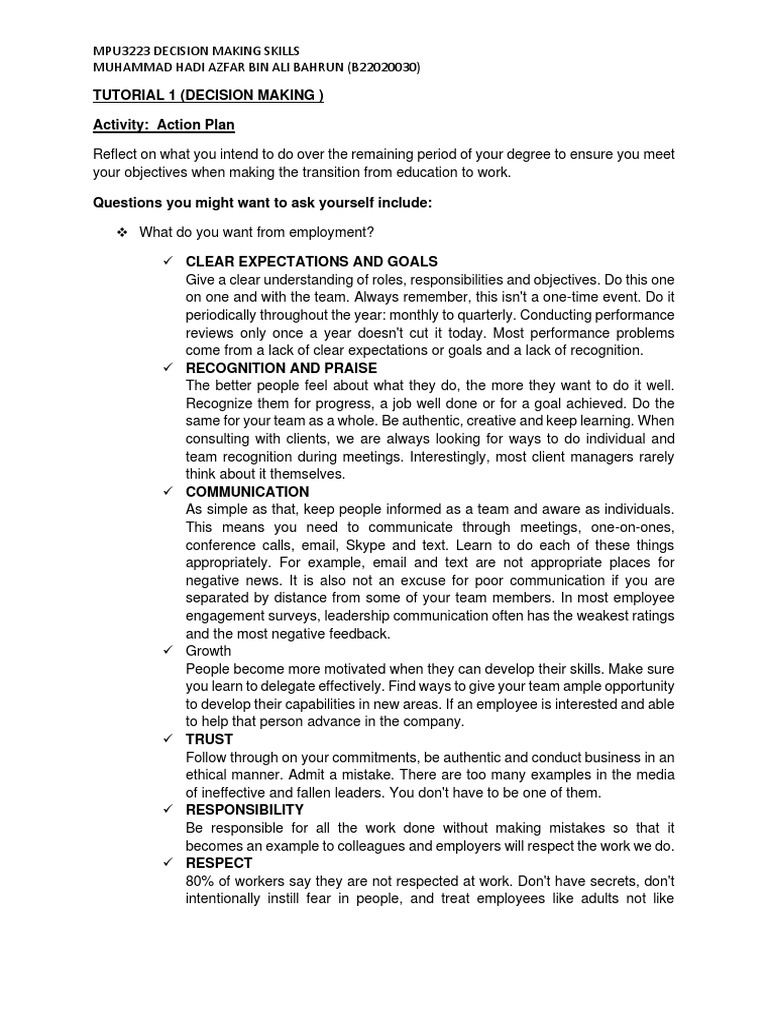 Tutorial 1 Decision Making Skills Pdf Job Satisfaction Motivational