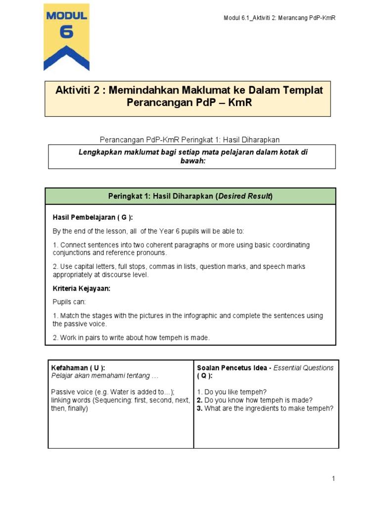 Toolkit 6.1 - Aktiviti 2 Perancangan PDP KMR BAHASA INGGERIS | PDF | Cognitive Science ...