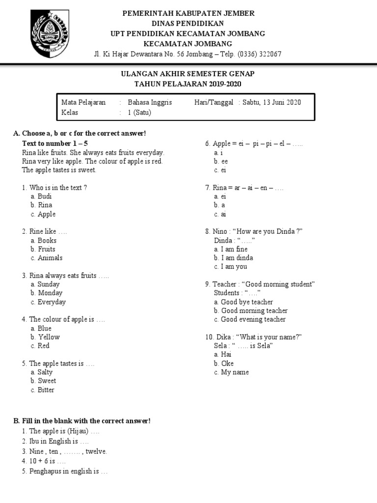 Soal PTS Bahasa Inggris Kelas 1 | PDF