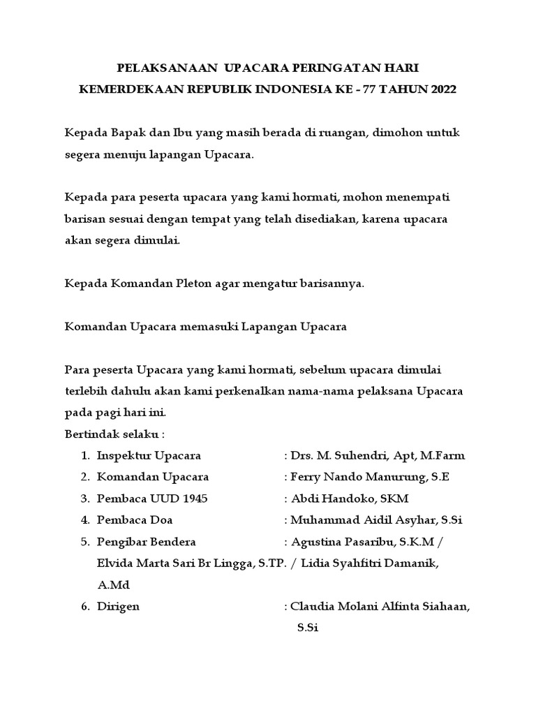 Teks MC Hut Ri Ke 77 Tahun 2022 | PDF