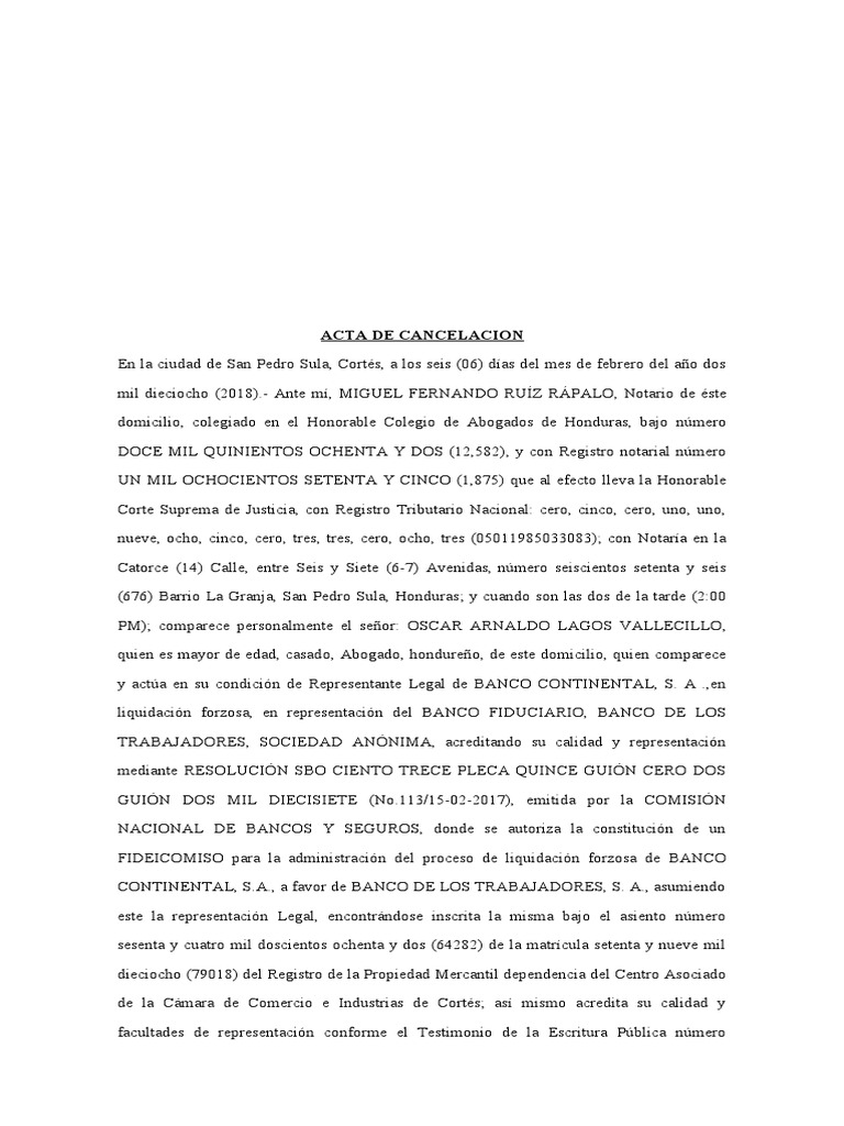 Acta de Cancelacion Irma Murillo - Modificada 19 Junio 2018 | PDF ...