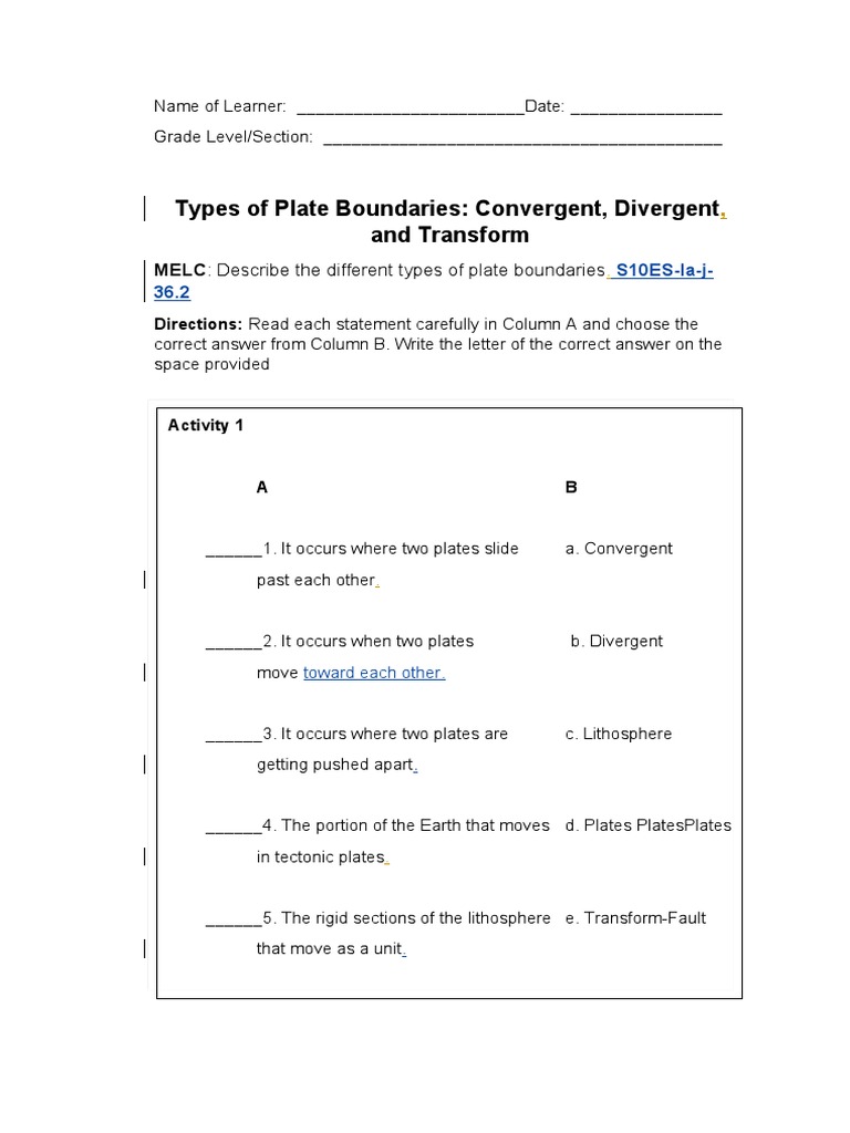 Science10 q1 Activitysheets Typesofplateboundaries v2 | PDF | Plate ...
