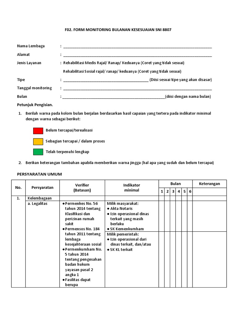 F02 Instrumen Monitoring Bulanan Rajal & Ranap SNI 8807 | PDF