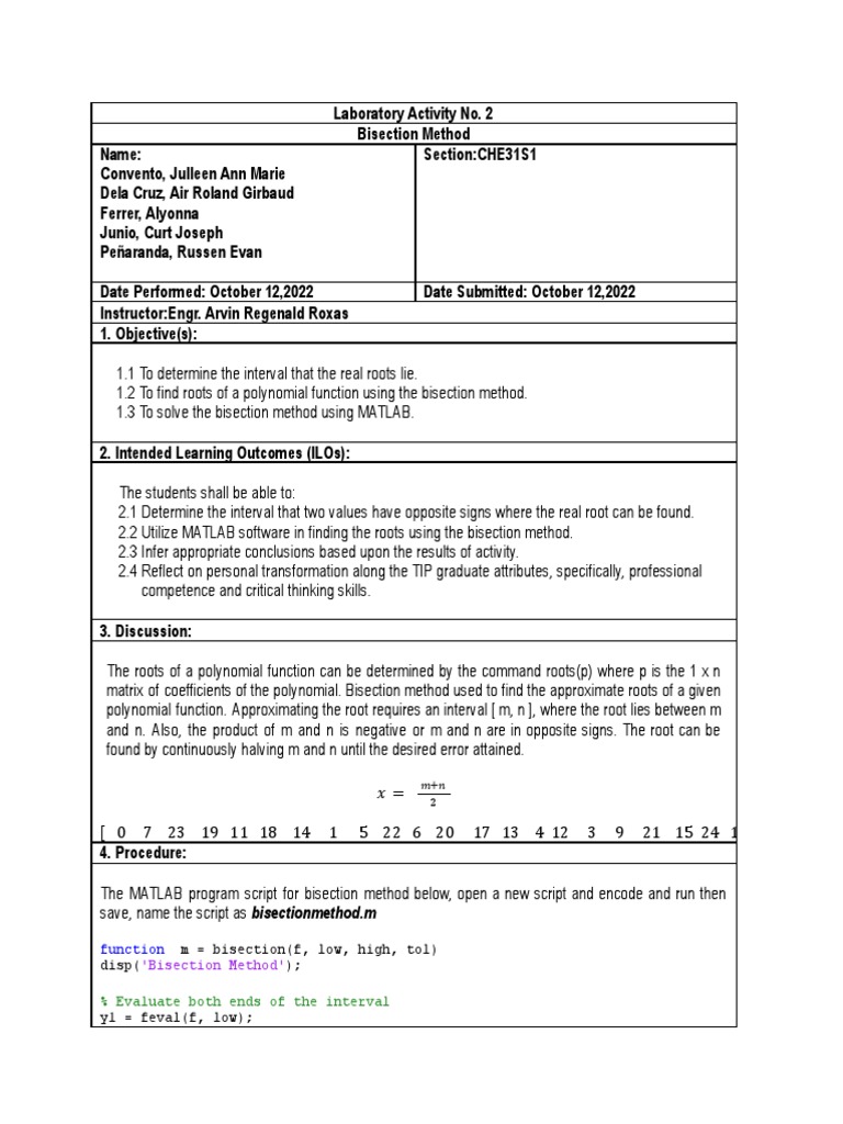 Group 6 - Laboratory Activity 2 - Bisection Method | PDF | Mathematical Logic | Applied Mathematics