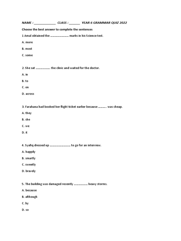 YEAR 6 Grammar Quiz 2022 | PDF