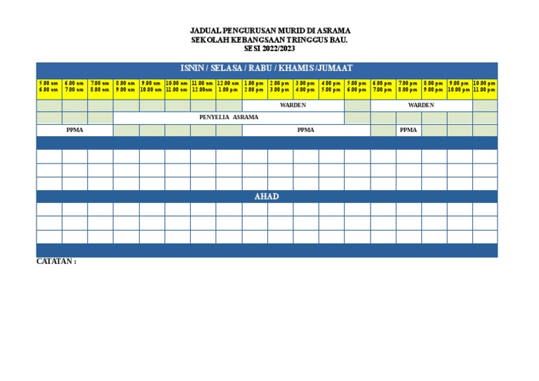 Jadual Pengurusan Murid Di Asrama p3 2022 2023 | PDF