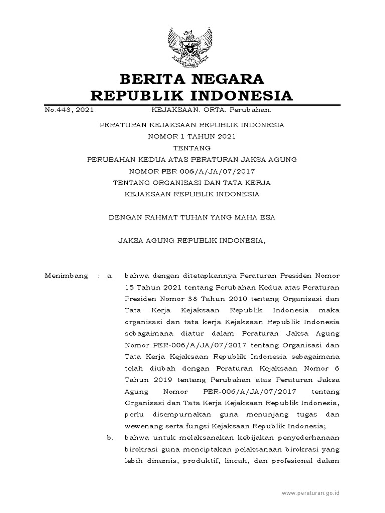 Peraturan Kejaksaan No. 1 Tahun 2021 | PDF