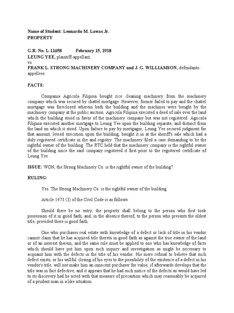 1-Leung Yee VS Strong Machinery | PDF | Mortgage Law | Law And Economics