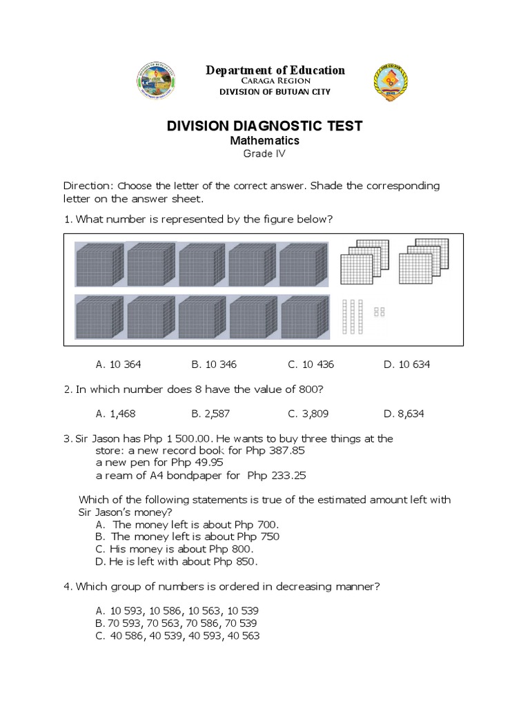 Grade IV Mathematics Diagnostic Test | PDF | Area | Volume