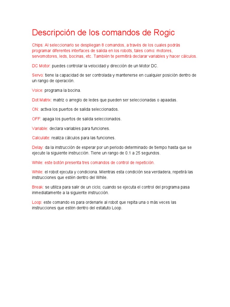 Descripción de Los Comandos de Rogic | PDF | Sensor | Robot