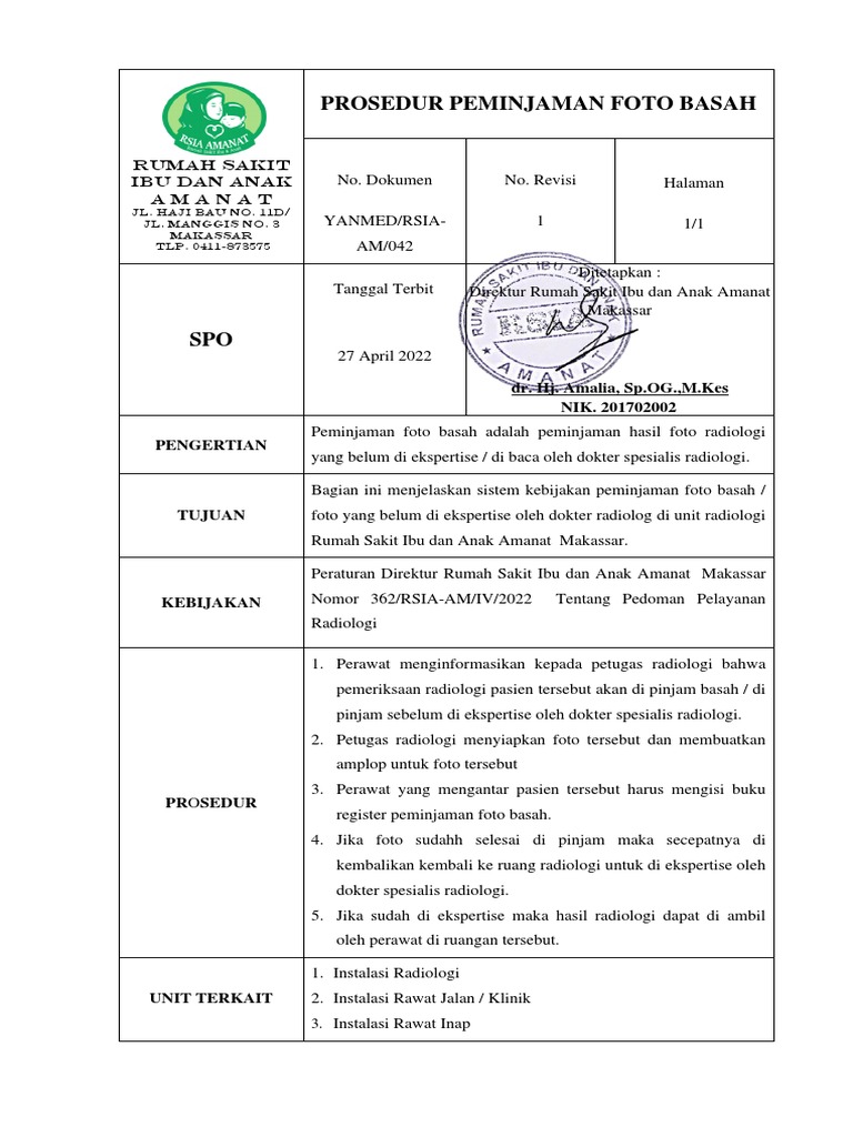Prosedur Peminjaman Foto Basah RSIA Amanat | PDF
