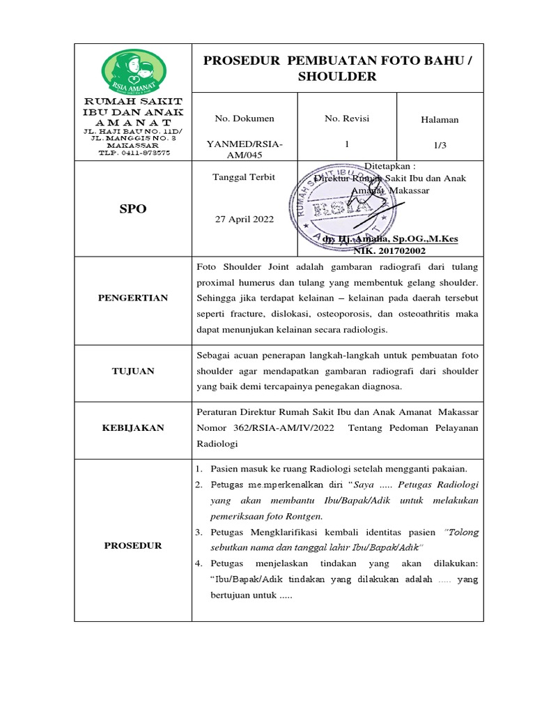 Prosedur Foto Bahu di RSIA Amanat | PDF | Sains & Matematika