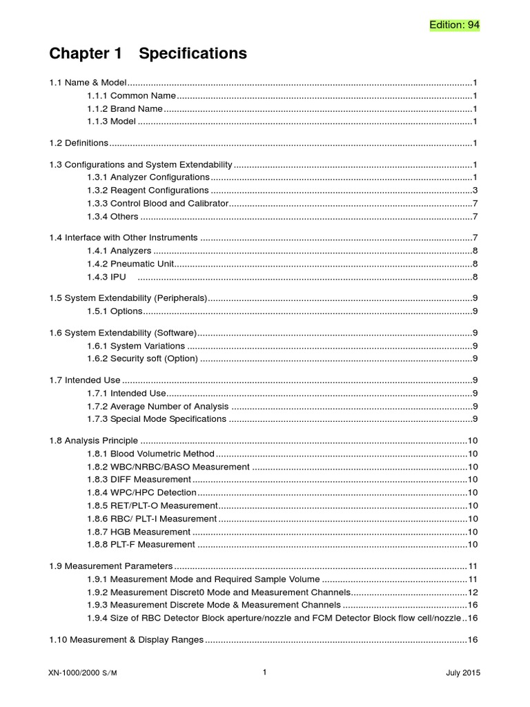 XN-1000 2000 E 01 Specifications | PDF | Flow Cytometry | Cytometry