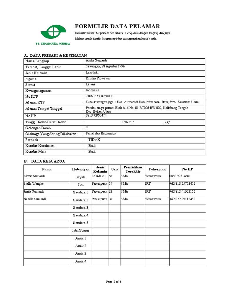 Formulir Data Pelamar | PDF
