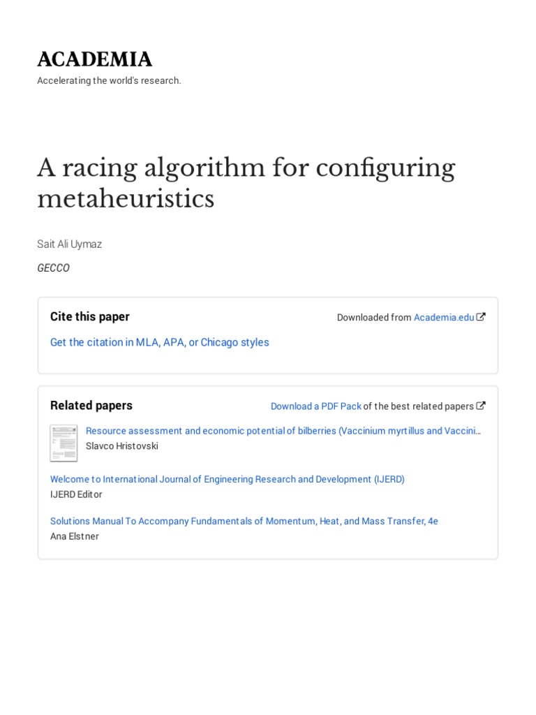 Racing Algorithm for Metaheuristic Tuning | PDF | Metaheuristic | Mathematics