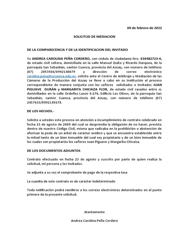 Solicitud de Mediacion Ejemplo | PDF | Mediación Solicitud de Mediacion Ejemplo | PDF | Mediación