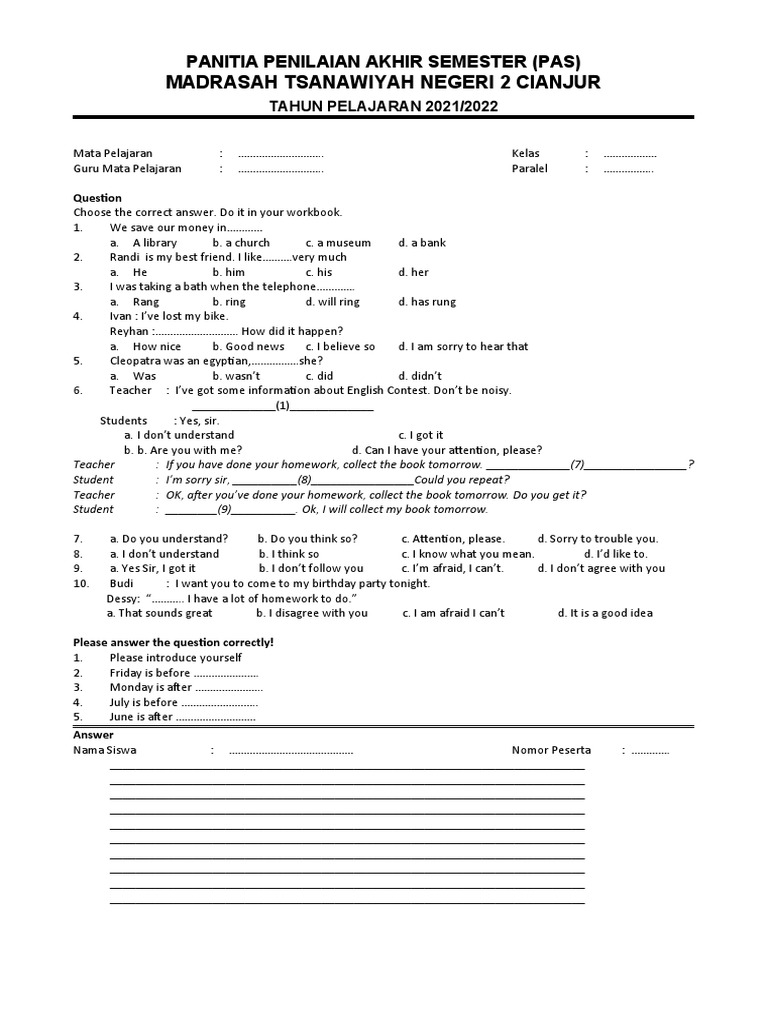 Soal Bahasa Inggris Kelas 8 Pas Tp.2122 | PDF