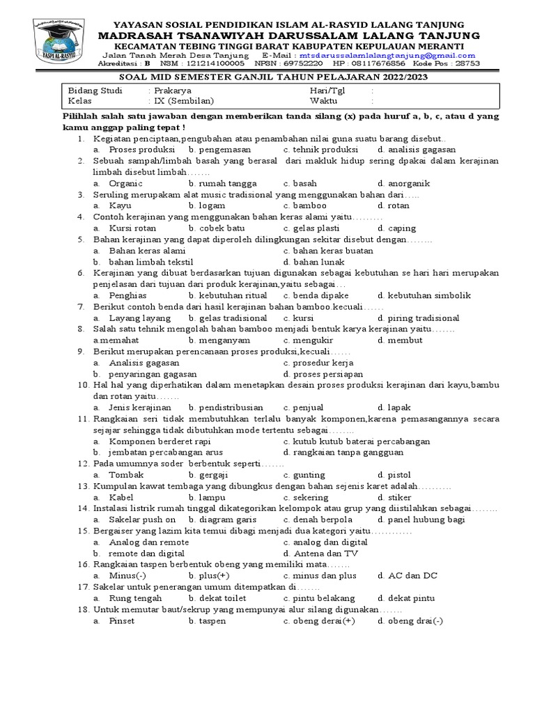 Soal Prakarya MID Semester Ganjil | PDF