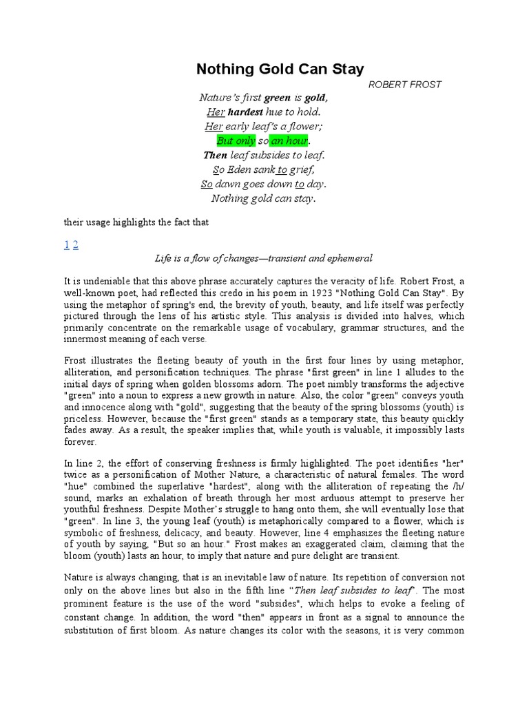 Analysis of Frost's "Nothing Gold Can Stay" | PDF | Poetry | Linguistics