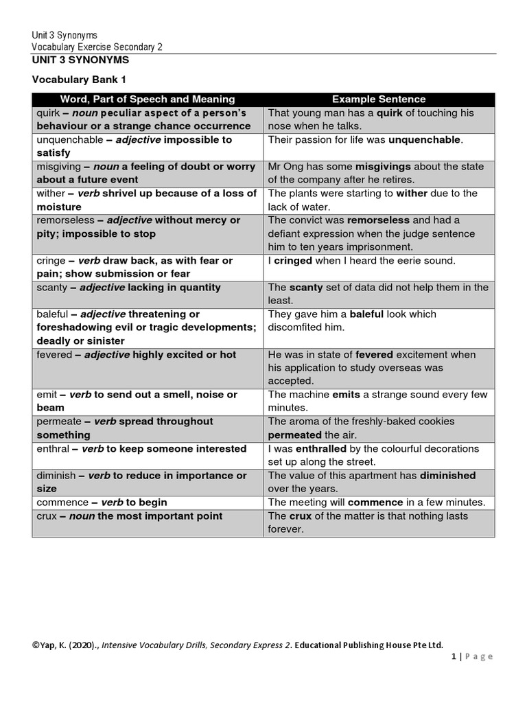 S2 - Vocabulary - Unit 3 - Synonyms | PDF | Verb | Adjective