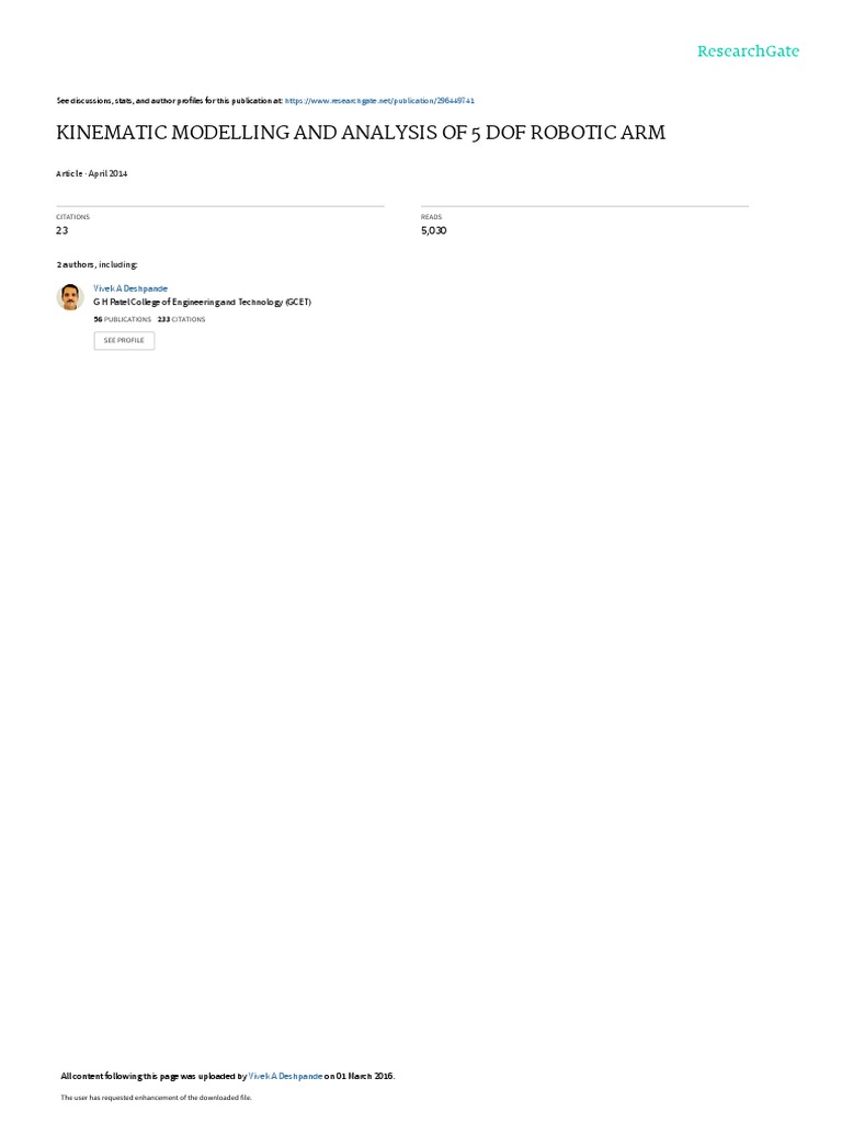 Kinematic Modelling and Analysis of 5 Dof Robotic Arm: April 2014 | PDF | Mechanical Engineering ...