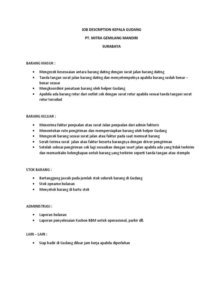 Job Description Kepala Gudang | PDF