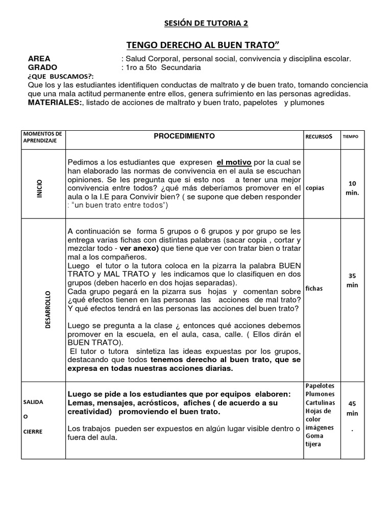 Buen Trato - Sesión Tutoría | PDF | Salón de clases | Sicología