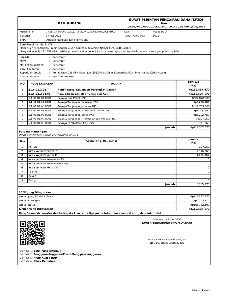 SP2D Gaji Juni 2022 | PDF