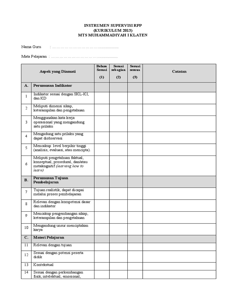 Instrument Supervisi (RPP) | PDF