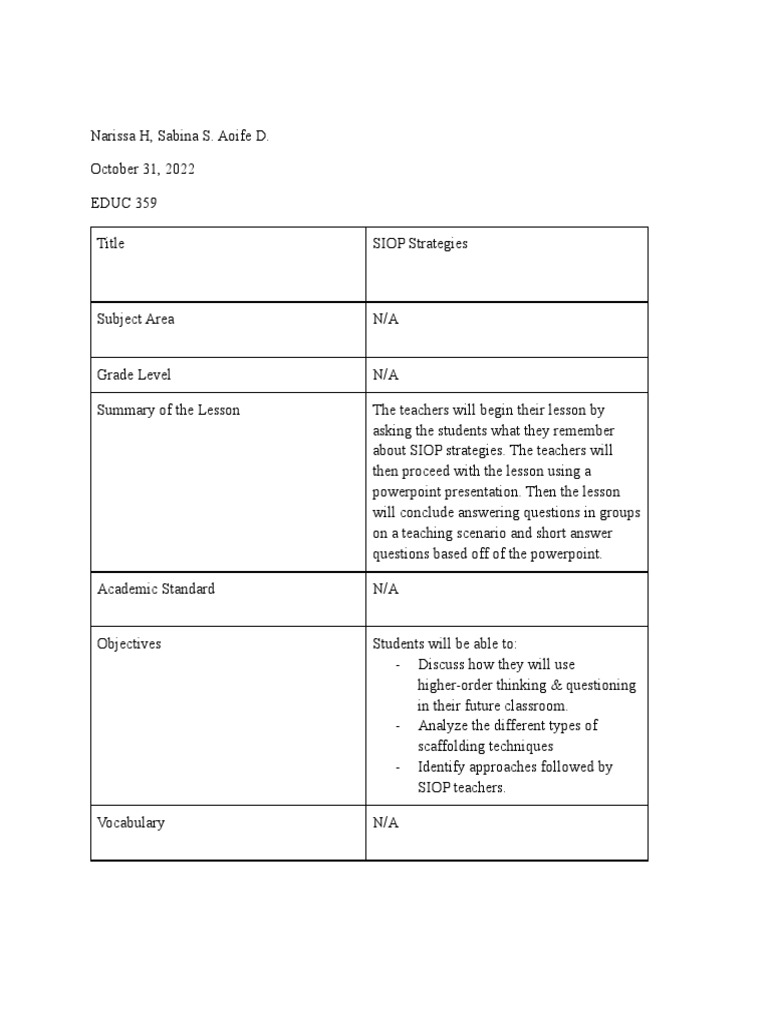 Siop Strategies Lesson Plan | Download Free PDF | Teaching Method ...