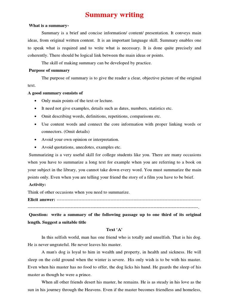 Summary Writing Word Document Pdf Paragraph Information