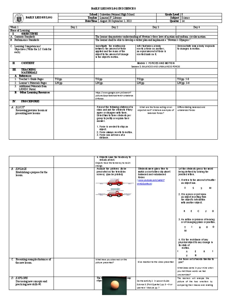 SCI-8-Quarter 2 DLL Week 2 | PDF | Force | Friction