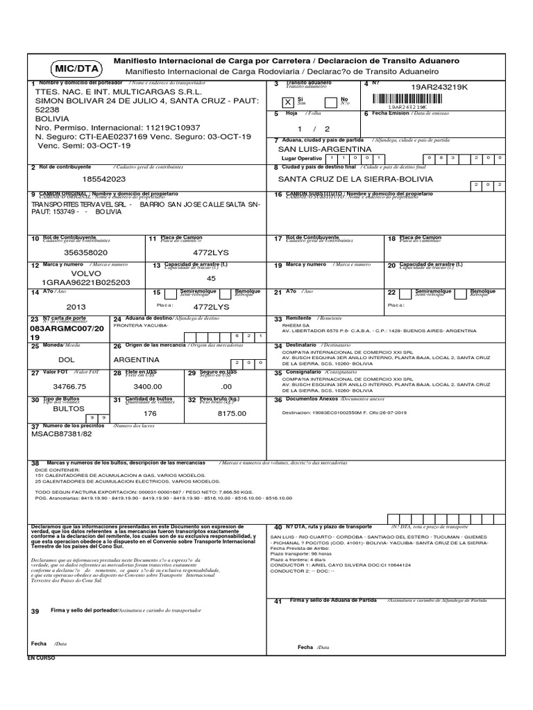 MIC DTA Manifiesto Internacional de Carg | PDF | Dólar de los Estados Unidos | Comercio