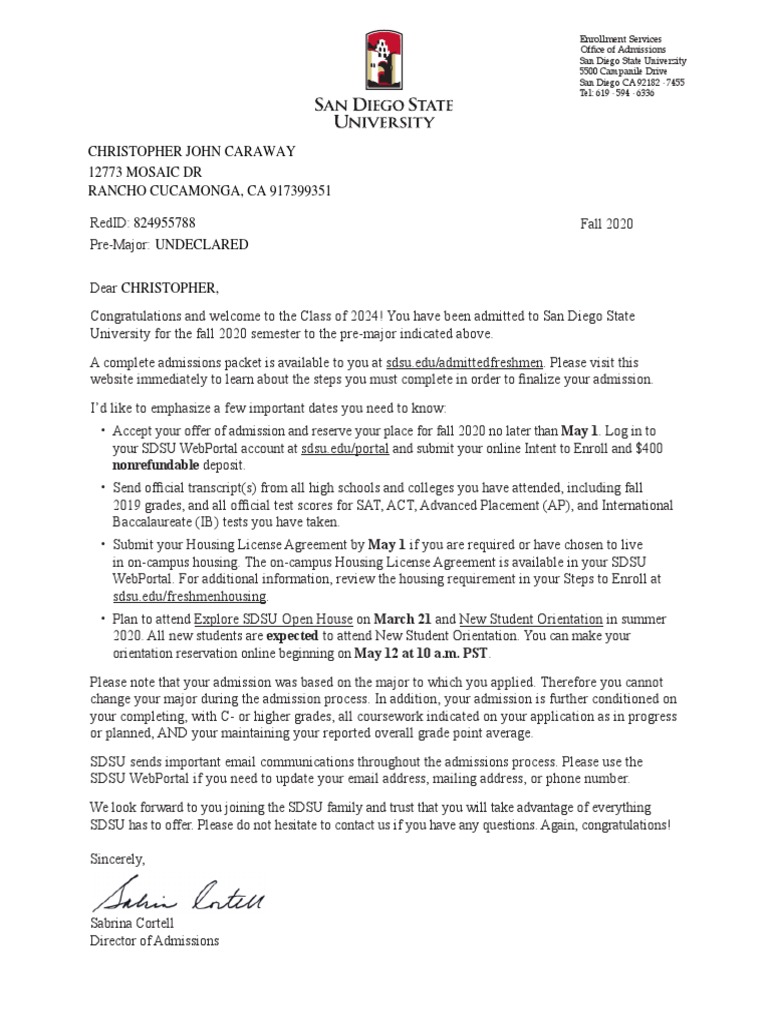 Admission Letter | PDF | University And College Admission | Advanced ...