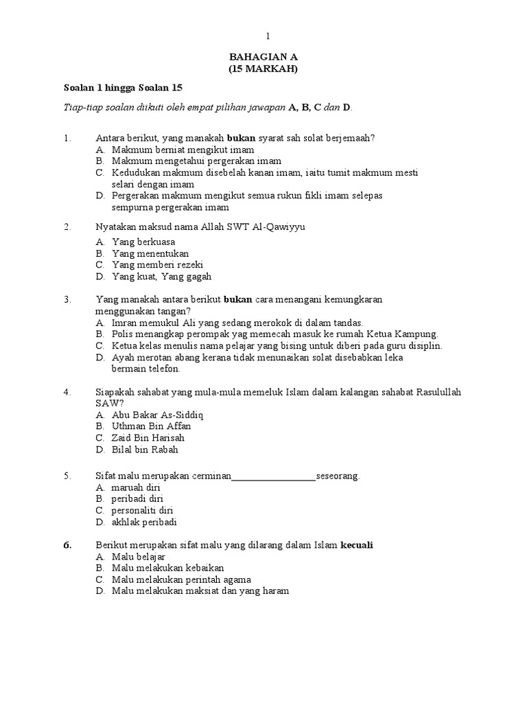 Soalan Pendidikan Islam Tingkatan 2 | PDF