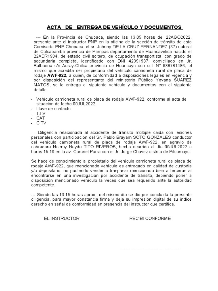 Acta de Entrega de Vehículo y Documento2 | PDF